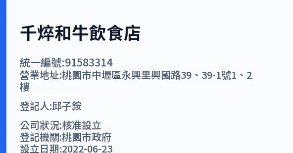 千焠和牛飲食店的照片-統編 91583314(桃園市) 公司登記資料與營業項目詳細圖表