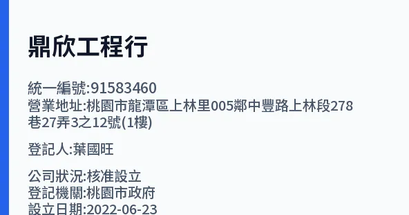 鼎欣工程行的照片-統編 91583460(桃園市) 公司登記資料與營業項目詳細圖表
