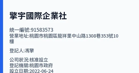 擎宇國際企業社的照片-統編 91583573(桃園市) 公司登記資料與營業項目詳細圖表