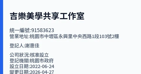 吉樂美學共享工作室的照片-統編 91583623(桃園市) 公司登記資料與營業項目詳細圖表