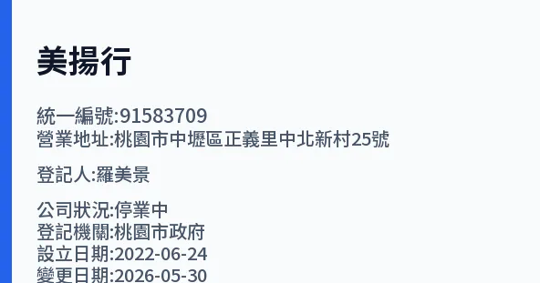 美揚行的照片-統編 91583709(桃園市) 公司登記資料與營業項目詳細圖表