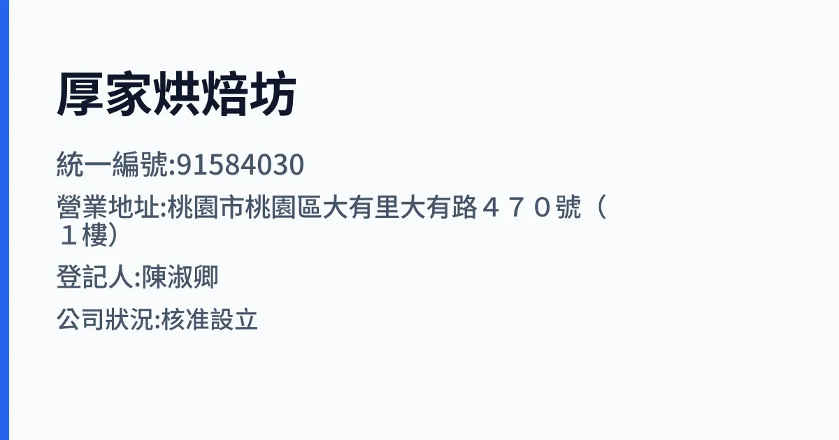 厚家烘焙坊 - 統編 91584030(桃園市) 公司登記資料與營業項目詳細圖表