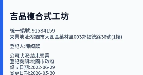 吉品複合式工坊的照片-統編 91584159(桃園市) 公司登記資料與營業項目詳細圖表