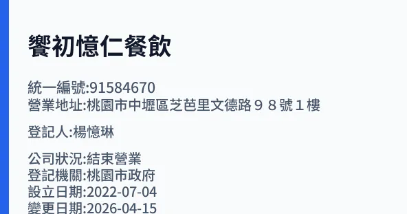 饗初憶仁餐飲的照片-統編 91584670(桃園市) 公司登記資料與營業項目詳細圖表