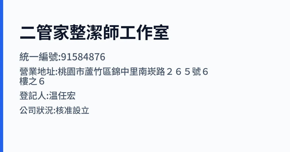 二管家整潔師工作室 - 統編 91584876(桃園市) 公司登記資料與營業項目詳細圖表