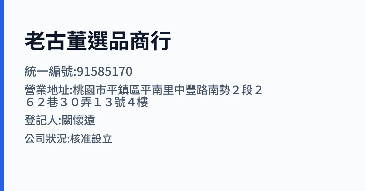 老古董選品商行 - 統編 91585170(桃園市) 公司登記資料與營業項目詳細圖表