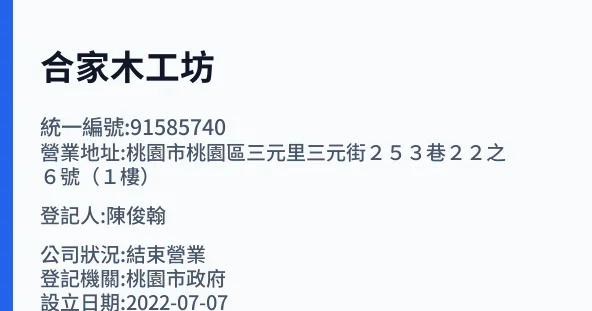 合家木工坊的照片-統編 91585740(桃園市) 公司登記資料與營業項目詳細圖表