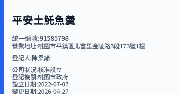 平安土魠魚羹的照片-統編 91585798(桃園市) 公司登記資料與營業項目詳細圖表