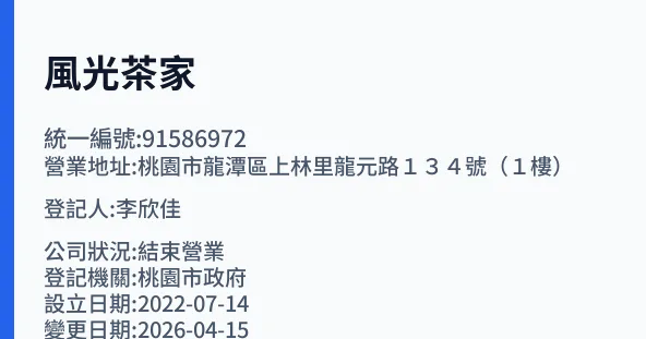 風光茶家的照片-統編 91586972(桃園市) 公司登記資料與營業項目詳細圖表