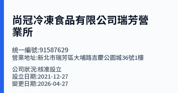 尚冠冷凍食品有限公司瑞芳營業所的照片-統編 91587629(新北市) 公司登記資料與營業項目詳細圖表