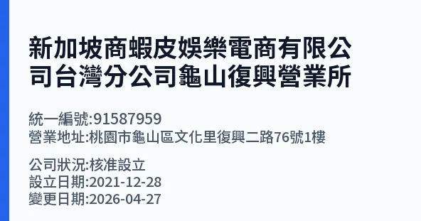 新加坡商蝦皮娛樂電商有限公司台灣分公司龜山復興營業所的照片-統編 91587959(桃園市) 公司登記資料與營業項目詳細圖表