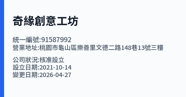 奇緣創意工坊的照片-統編 91587992(桃園市) 公司登記資料與營業項目詳細圖表