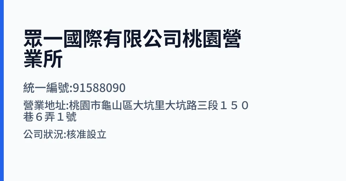 眾一國際有限公司桃園營業所 - 統編 91588090(桃園市) 公司登記資料與營業項目詳細圖表