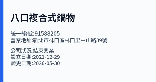 八口複合式鍋物的照片-統編 91588205(新北市) 公司登記資料與營業項目詳細圖表
