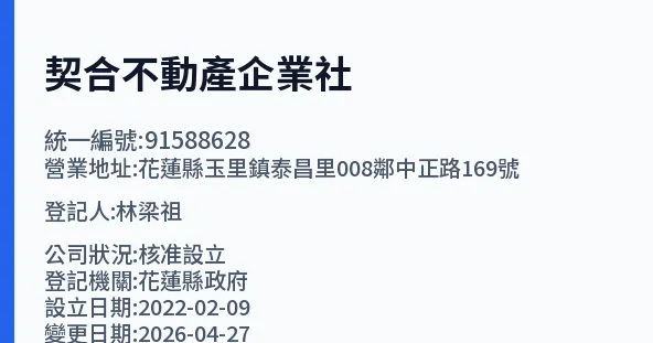 契合不動產企業社的照片-統編 91588628(花蓮縣) 公司登記資料與營業項目詳細圖表