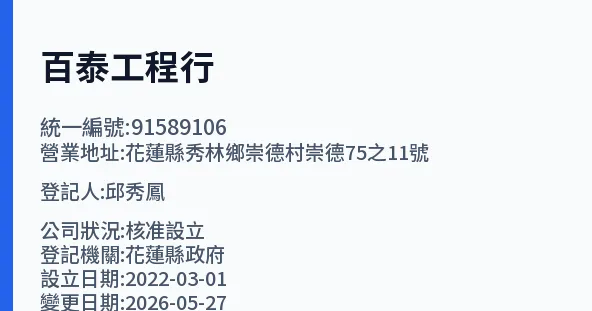 百泰工程行的照片-統編 91589106(花蓮縣) 公司登記資料與營業項目詳細圖表