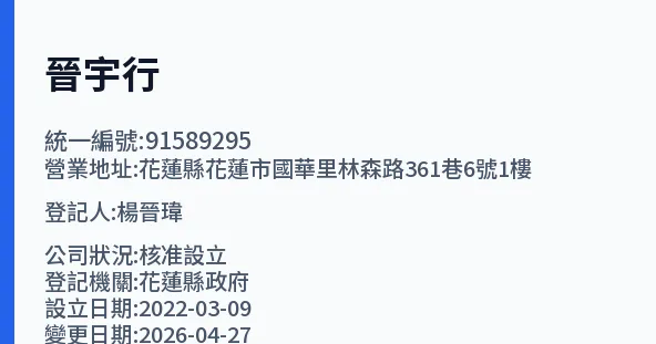 晉宇行的照片-統編 91589295(花蓮縣) 公司登記資料與營業項目詳細圖表
