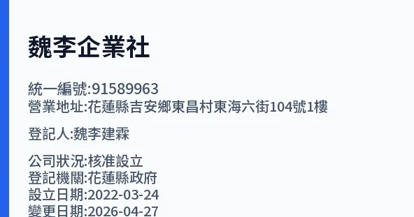 魏李企業社的照片-統編 91589963(花蓮縣) 公司登記資料與營業項目詳細圖表