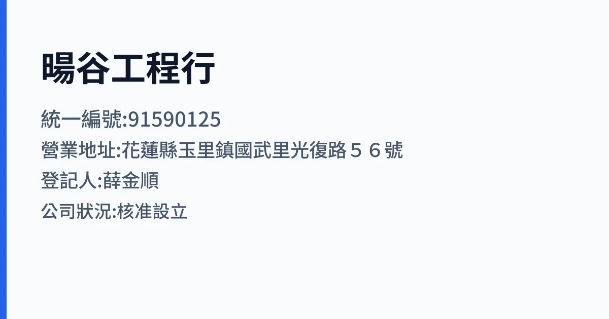 暘谷工程行 - 統編 91590125(花蓮縣) 公司登記資料與營業項目詳細圖表