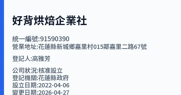 好背烘焙企業社的照片-統編 91590390(花蓮縣) 公司登記資料與營業項目詳細圖表