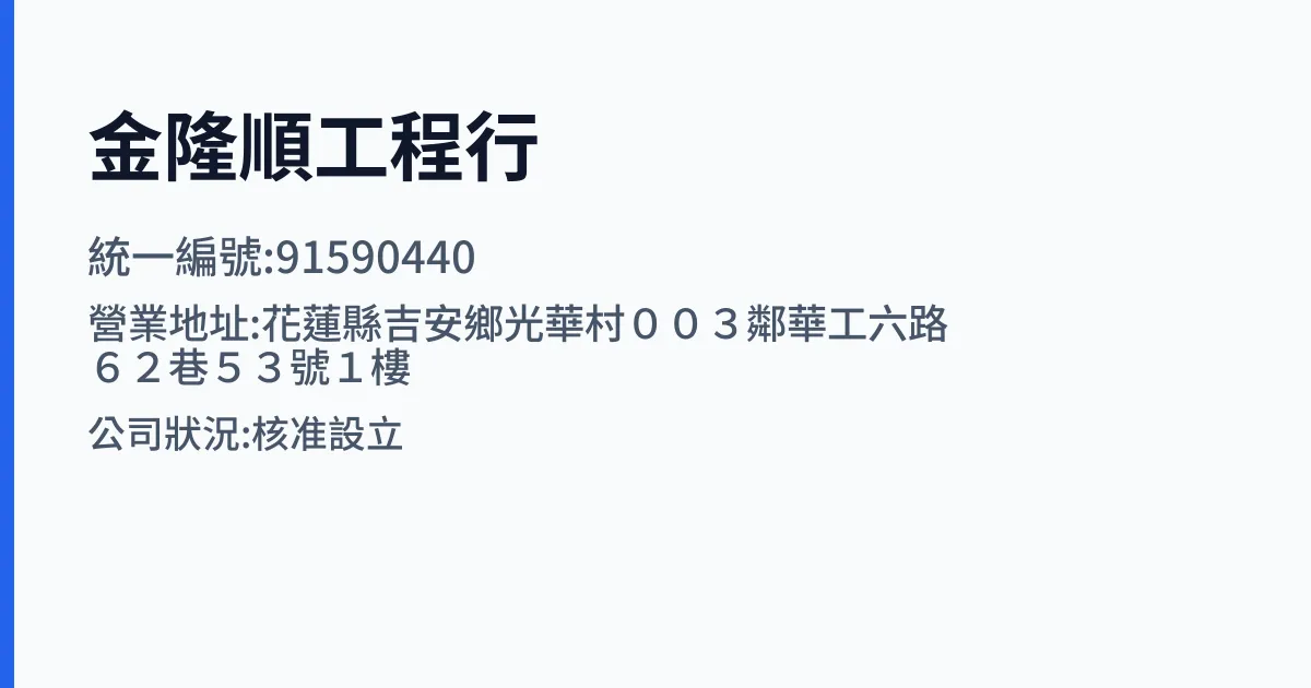金隆順工程行 - 統編 91590440(花蓮縣) 公司登記資料與營業項目詳細圖表