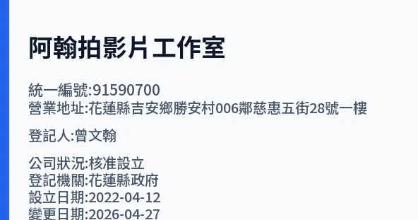 阿翰拍影片工作室的照片-統編 91590700(花蓮縣) 公司登記資料與營業項目詳細圖表