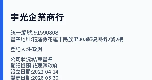 宇光企業商行的照片-統編 91590808(花蓮縣) 公司登記資料與營業項目詳細圖表