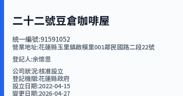 二十二號豆倉咖啡屋的照片-統編 91591052(花蓮縣) 公司登記資料與營業項目詳細圖表