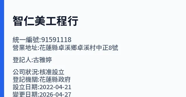 智仁美工程行的照片-統編 91591118(花蓮縣) 公司登記資料與營業項目詳細圖表