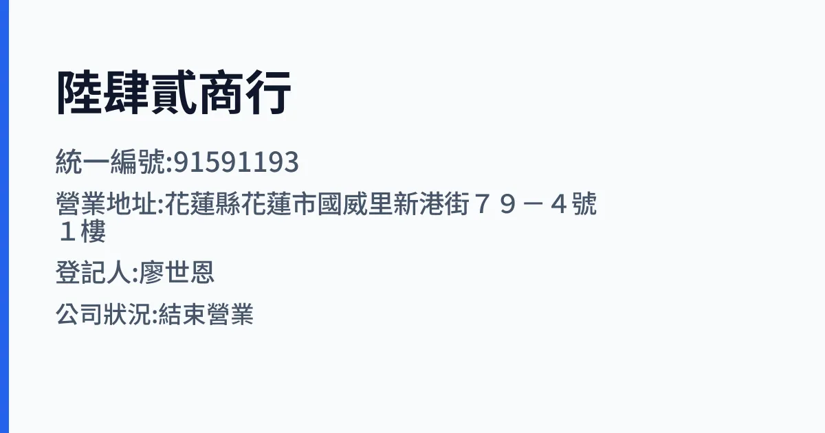 陸肆貳商行 - 統編 91591193(花蓮縣) 公司登記資料與營業項目詳細圖表