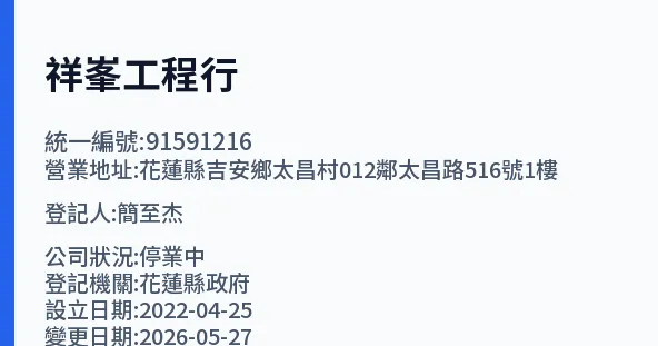 祥峯工程行的照片-統編 91591216(花蓮縣) 公司登記資料與營業項目詳細圖表