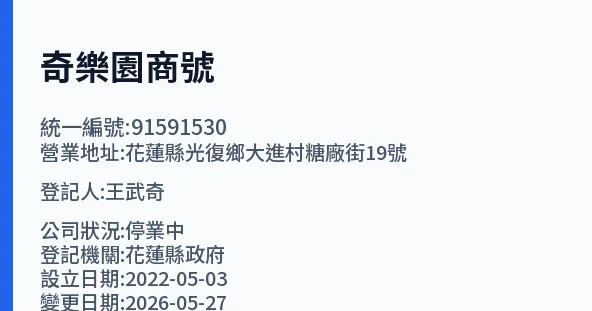 奇樂園商號的照片-統編 91591530(花蓮縣) 公司登記資料與營業項目詳細圖表
