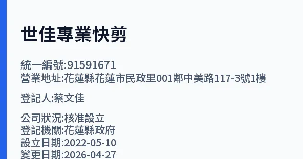 世佳專業快剪的照片-統編 91591671(花蓮縣) 公司登記資料與營業項目詳細圖表