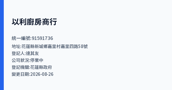 以利廚房商行的照片-統編 91591736(花蓮縣) 公司登記資料與營業項目詳細圖表