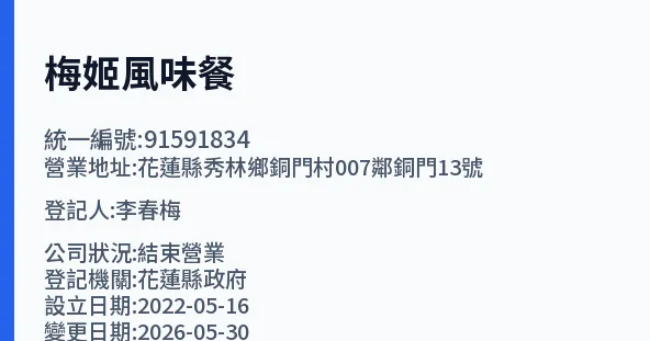 梅姬風味餐的照片-統編 91591834(花蓮縣) 公司登記資料與營業項目詳細圖表