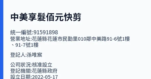 中美享髮佰元快剪的照片-統編 91591898(花蓮縣) 公司登記資料與營業項目詳細圖表