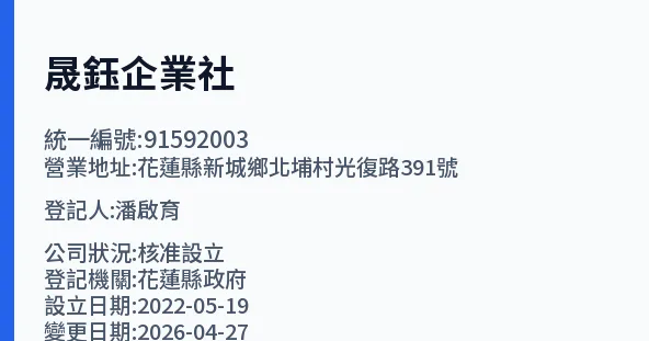 晟鈺企業社的照片-統編 91592003(花蓮縣) 公司登記資料與營業項目詳細圖表