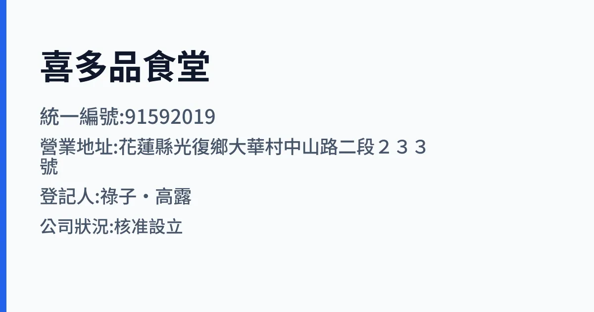喜多品食堂 - 統編 91592019（花蓮縣） 公司登記資料與營業項目詳細圖表