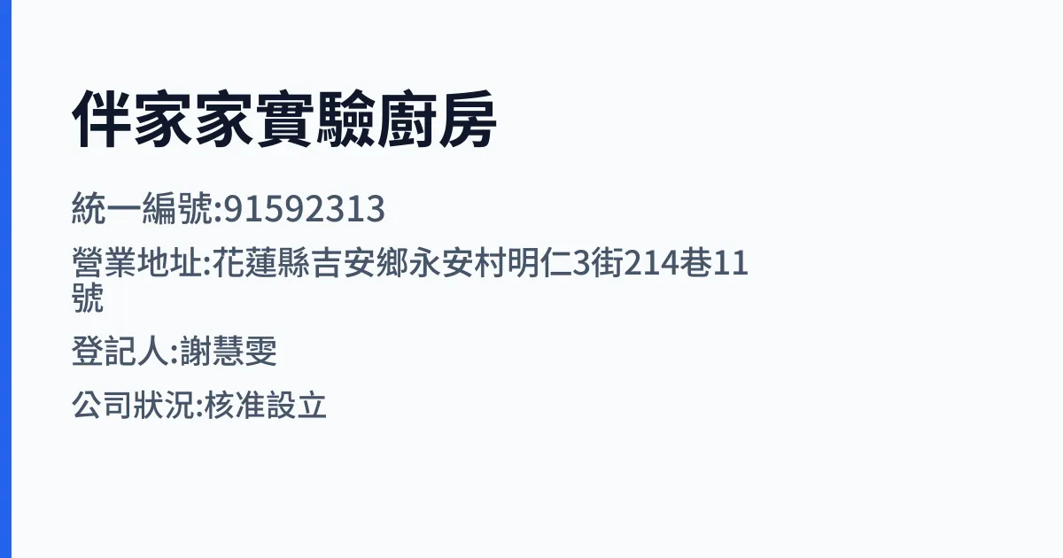 伴家家實驗廚房 - 統編 91592313(花蓮縣) 公司登記資料與營業項目詳細圖表