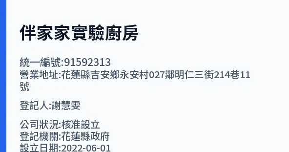 伴家家實驗廚房的照片-統編 91592313(花蓮縣) 公司登記資料與營業項目詳細圖表