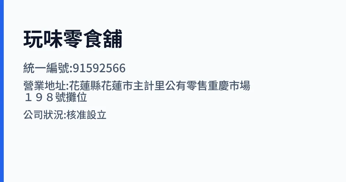 玩味零食舖 - 統編 91592566(花蓮縣) 公司登記資料與營業項目詳細圖表