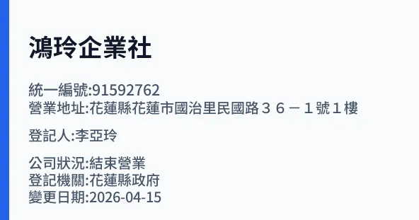 鴻玲企業社的照片-統編 91592762(花蓮縣) 公司登記資料與營業項目詳細圖表
