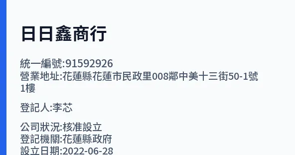 日日鑫商行的照片-統編 91592926(花蓮縣) 公司登記資料與營業項目詳細圖表