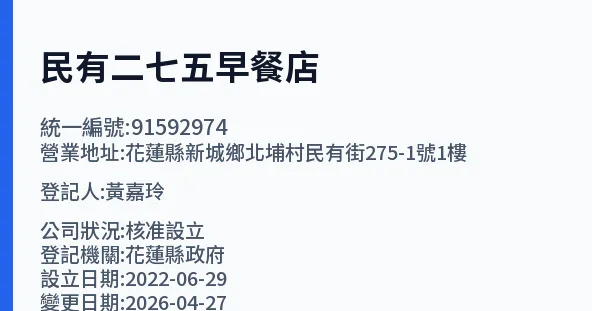 民有二七五早餐店的照片-統編 91592974(花蓮縣) 公司登記資料與營業項目詳細圖表