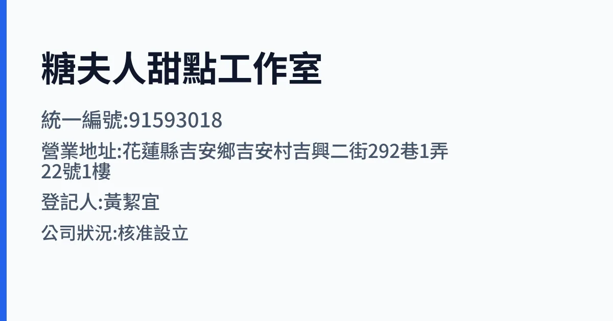 糖夫人甜點工作室 - 統編 91593018(花蓮縣) 公司登記資料與營業項目詳細圖表