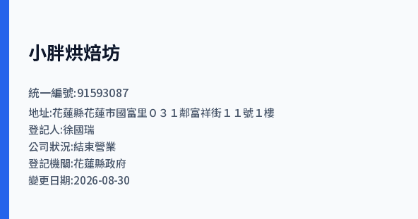 小胖烘焙坊的照片-統編 91593087(花蓮縣) 公司登記資料與營業項目詳細圖表