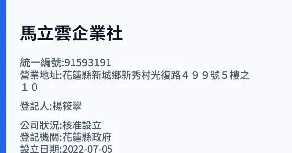 馬立雲企業社的照片-統編 91593191(花蓮縣) 公司登記資料與營業項目詳細圖表