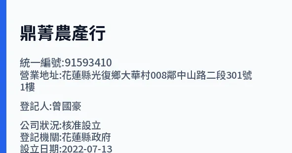 鼎菁農產行的照片-統編 91593410(花蓮縣) 公司登記資料與營業項目詳細圖表