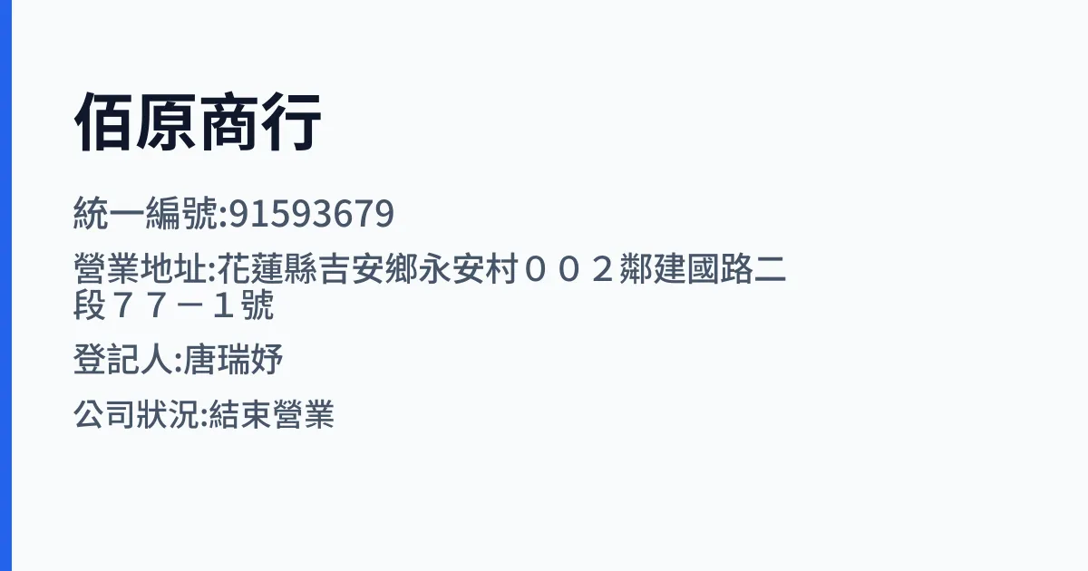 佰原商行 - 統編 91593679(花蓮縣) 公司登記資料與營業項目詳細圖表