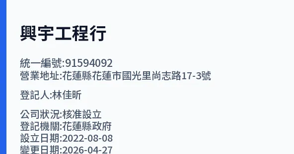 興宇工程行的照片-統編 91594092(花蓮縣) 公司登記資料與營業項目詳細圖表